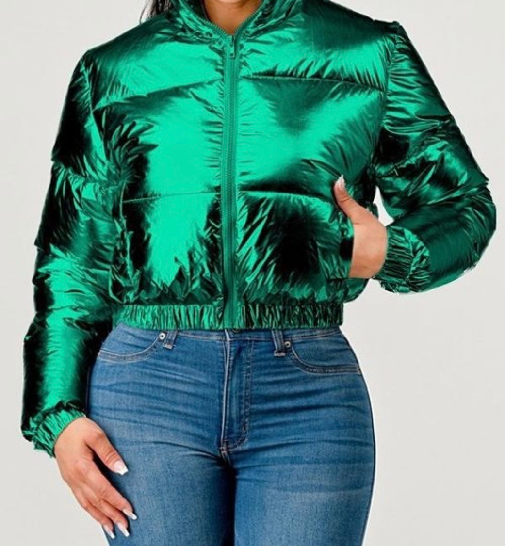 GREEN METALLIC PUFFER JACKET – Angi Kole Boutique